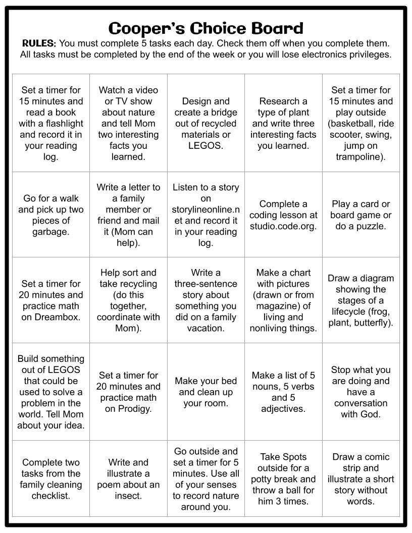 Novel Coronavirus COVID-19 choice board for my own children (or are the ...